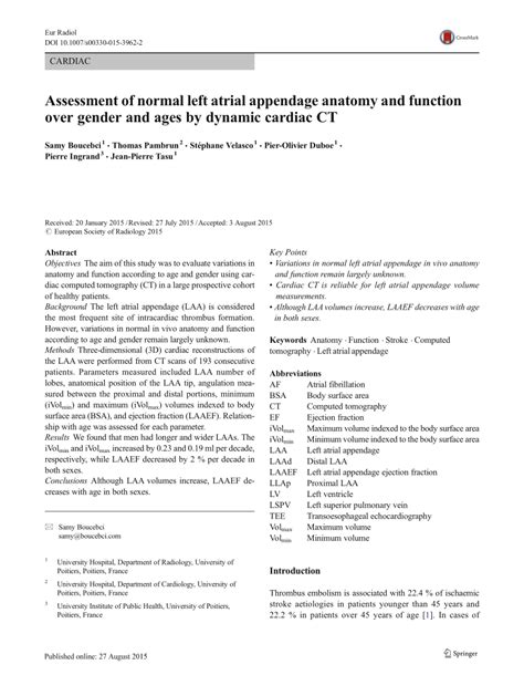 Pdf Assessment Of Normal Left Atrial Appendage Anatomy And Function Over Gender And Ages By