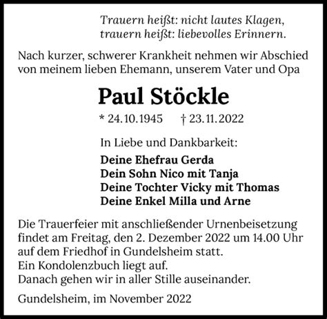 Traueranzeigen Von Paul Stöckle Trauerundgedenken De