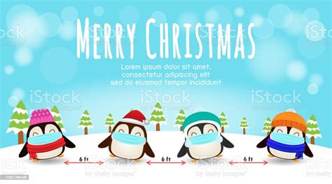 새로운 정상적인 라이프 스타일 개념과 사회적 불변 수술 마스크 펭귄의 귀여운 메리 크리스마스 눈 장면 겨울 배너 크리스마스 휴일
