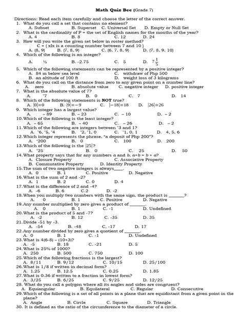 math quiz bee grade 7 pdf circle elementary mathematics