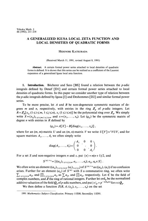 Pdf A Generalized Igusa Local Zeta Function And Local Densities Of Quadratic Forms