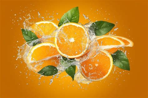 Water Splashes On Fresh Orange Slices Creating Dynamic Scene Stock