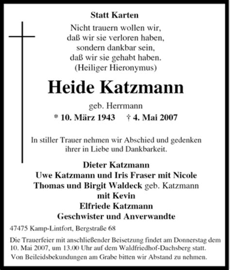 Traueranzeigen Von Heide Katzmann Trauer In Nrwde