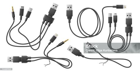 현실적인 어댑터 케이블 Usb 다른 유형 커넥터 곡선 전자 충전기 어댑터 3d 요소가있는 검은 색 유연한 전선 미니 및 마이크로