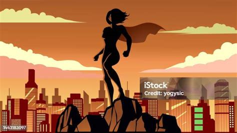 벡터 서사시 여성 슈퍼 히어로 실루엣 포즈 도시 스톡 일러스트 슈퍼히어로에 대한 스톡 벡터 아트 및 기타 이미지 슈퍼히어로 여자 한 명의 여자만 Istock