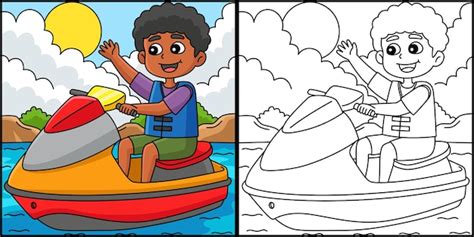 이 컬러링 페이지 는 여름 에 제트 스키 를 타고 있는 소년 을 보여 준다 이 일러스트레이션 의 한 면 은 컬러링 되어 있으며 어린이 들 에게 영감 을 준다 프리미엄 벡터