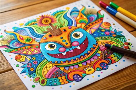 A Colorful Drawing Of A Monster With A Pen And Pencils Premium Ai