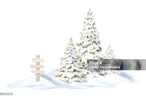 파스텔 크리스마스 나무 눈 더미 언덕에서 자라는 수채화 그림 새해 복 많이 받으세요 카드와 귀여운 인사말 디자인을 위해 흰색에 고립되어 있습니다 눈과 나무 간판이 있는