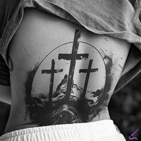 Jesus Face Tattoo With 3 Crosses