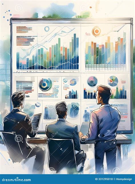 Vibrant Artwork Of Professionals Analyzing Data On A Large Screen Stock Illustration