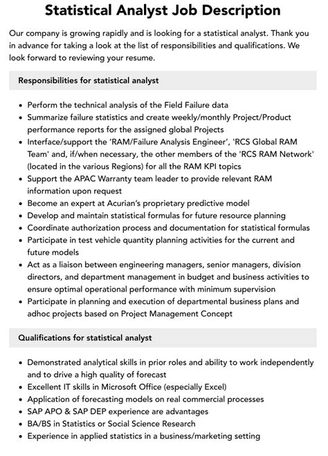 Statistical Analyst Job Description Velvet Jobs