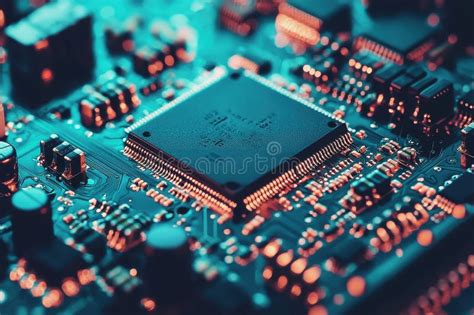 Macro Shot Of A Modern Microprocessor On A Circuit Board With Glowing Components Showcasing