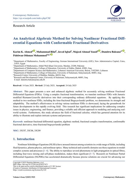 Pdf An Analytical Algebraic Method For Solving Nonlinear Fractional Differential Equations