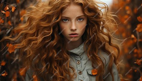 Premium Photo Young Woman With Long Curly Brown Hair Looking At Camera Generated By Ai