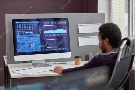 Premium Photo Back View At Male It Engineer Working With Data On