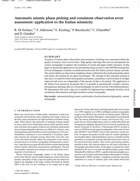 Pdf Automatic Seismic Phase Picking And Consistent Observation Error