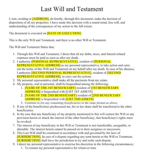 Simple Will And Testament Template