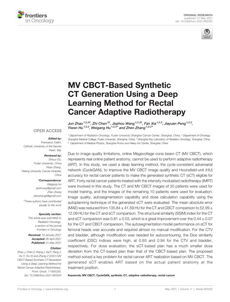 PDF MV CBCT Based Synthetic CT Generation Using A Deep Learning Method For Rectal Cancer