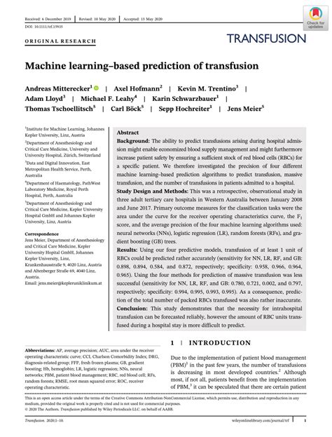 Pdf Machine Learningbased Prediction Of Transfusion