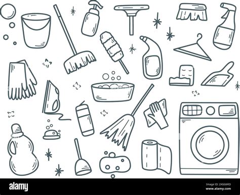 Cleaning Ink Doodle Sketch Style Set Hand Drawn Icons Of Home Cleaning