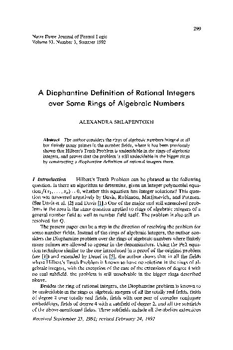 Pdf A Diophantine Definition Of Rational Integers Over Some Rings Of Algebraic Numbers