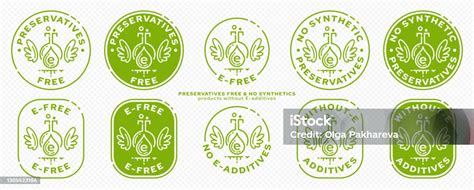 제품 포장을 위한 개념 라벨링 방부제 없음 성분으로부터자유의 상징 합성 E 방부제와 날개 성분 드롭 아이콘 벡터 집합입니다 건강관리와 의술에 대한 스톡 벡터 아트 및 기타