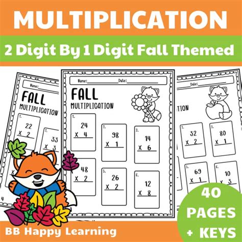 Fall Multiplication Worksheets 2 Digit By 1 Digit Autumn Math Practice