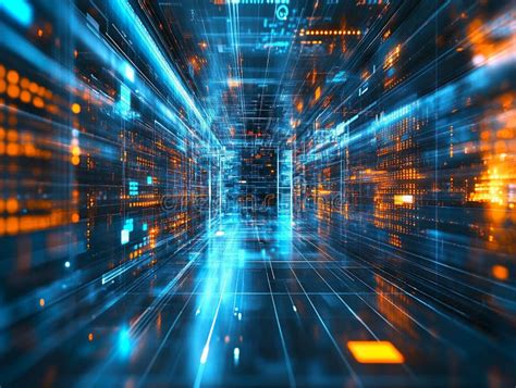 futuristic digital data tunnel with glowing lights stock illustration