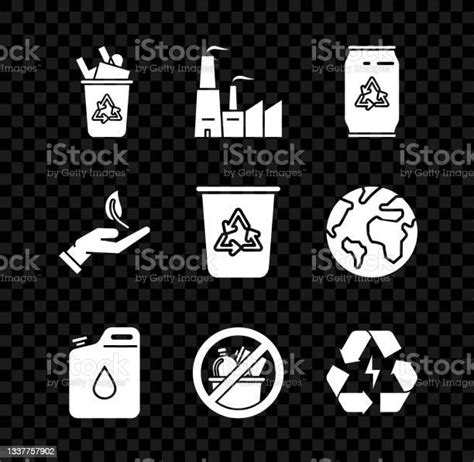 재활용 기호 공장 캔 및 캔 가솔린 캐니스터 쓰레기 배터리 환경 보호 및 아이콘의 새싹 손으로 휴지통을 설정합니다 벡터 개념에