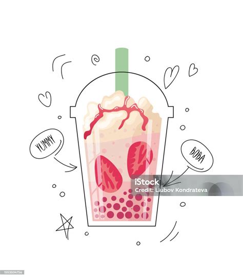 딸기 버블티 펄 밀크티 보바 대만 Drink쫄깃한 타피오카 볼 잔디 젤리 알로에 베라 팥 휘핑크림 베리 토핑 귀여운 낙서 그림입니다 메뉴 카페 광고지 배너 0명에 대한 스톡