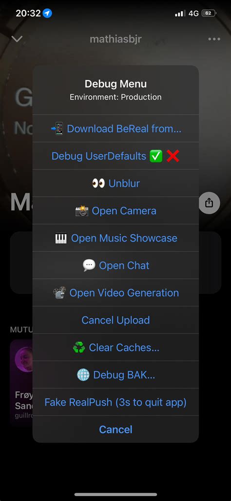 Debug Menu R Bereal App