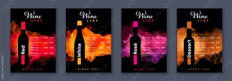 Wine List Menu Cover Bundle Set Of Watercolor On Black Background With
