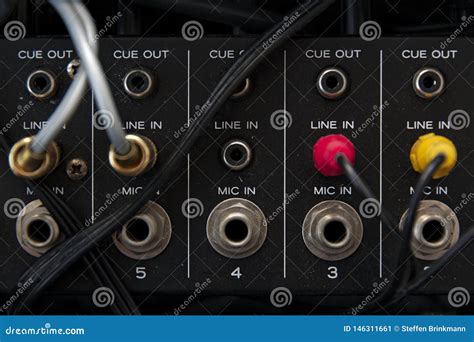 Back Of A Vintage Mixing Console With Cables Connected To The Plugs Stock Image Image Of Club
