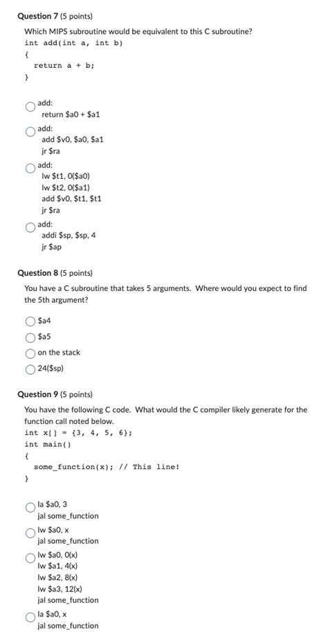 Solved Question 7 5 Points Which Mips Subroutine Would Be
