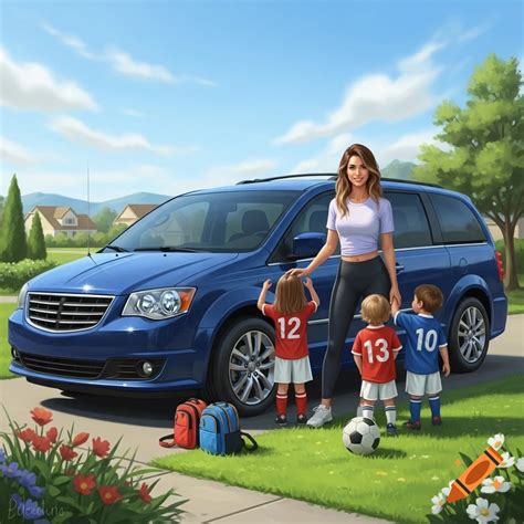 A Smiling Soccer Mom Stands Next To A Blue Minivan With Her Three Young