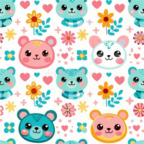 Adorable Seamless Pattern With Cute Cartoon Bears And Flowers Stock Vector Illustration Of
