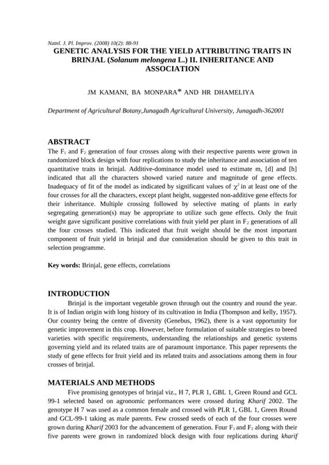 (PDF) GENETIC ANALYSIS FOR THE YIELD ATTRIBUTING TRAITS IN BRINJAL ...