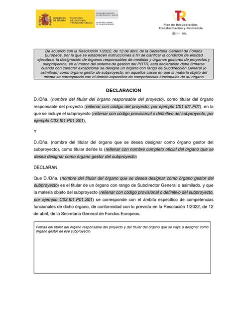 Modelo Declaracion Responsable Subproyecto Age Rango Inferior Dg Pdf