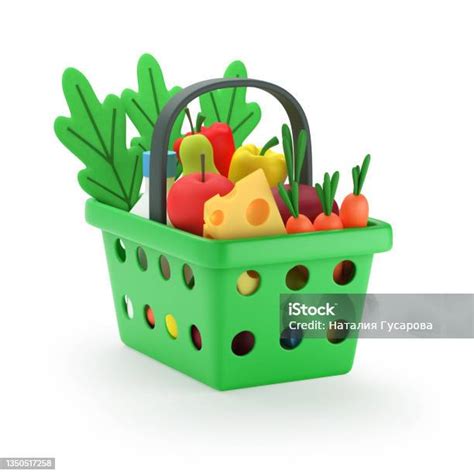 식료품이 있는 쇼핑 바구니 만화 스타일의 제품이있는 전체 녹색 플라스틱 식료품 또는 식품 카트 3차원 형태에 대한 스톡 사진 및 기타 이미지 Istock