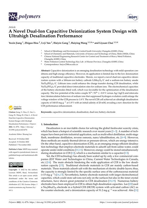 Pdf A Novel Dual Ion Capacitive Deionization System Design With