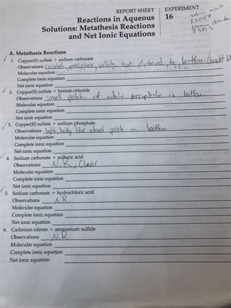 solved report sheet experiment reactions in aqueous 16 lout