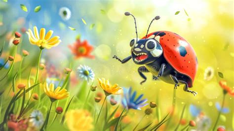 Happy Ladybug Flying Over A Colorful Flower Field Stock Image Image