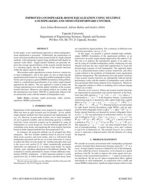 Pdf Improved Loudspeaker Room Equalization Using Multiple Loudspeakers And Mimo Feedforward