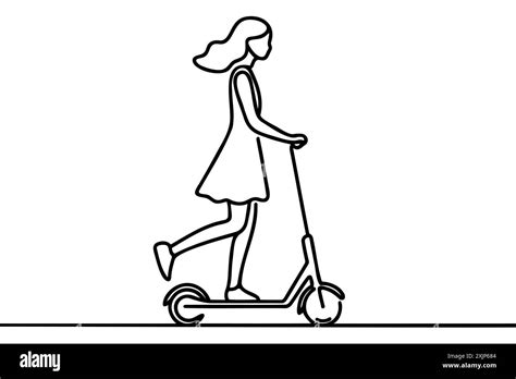Girl On A One Line Electric Scooter Continuous Line Drawing Scooter Vector Illustration Stock