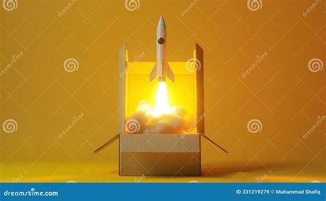 Tiny Rocket Taking Off From An Open Cardboard Box Yellow Backdrop