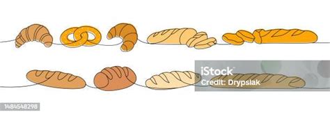 빵 세트 한 줄은 연속 그림을 그립니다 통곡물 밀 빵 프레첼 치아바타 크루아상 베이글 바게트 한 줄 그림 갈색 빵에 대한 스톡