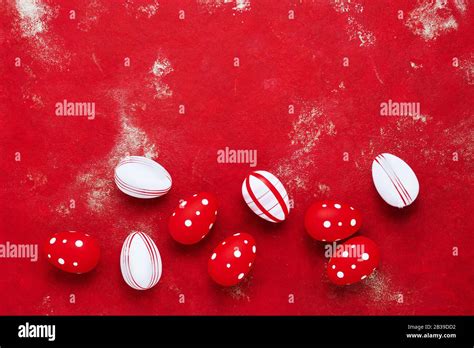 Red Easter Background Deorative Easter Eggs On Bright Red Background