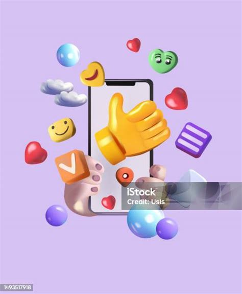 가상 소셜 네트워킹 플랫폼을 위한 혁신적인 3d 개념입니다 체적 아이콘 이모티콘 댓글 하트 엄지손가락이 있는 휴대폰 개념 통신 응용 프로그램 벡터 그림입니다 3차원 형태에