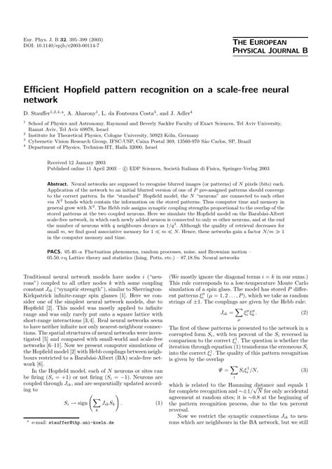Pdf Efficient Hopfield Pattern Recognition On A Scale Free Neural Network