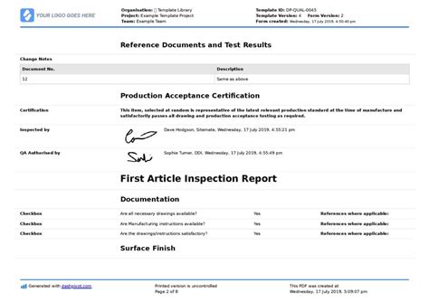 First Article Inspection Report Template Prntbl